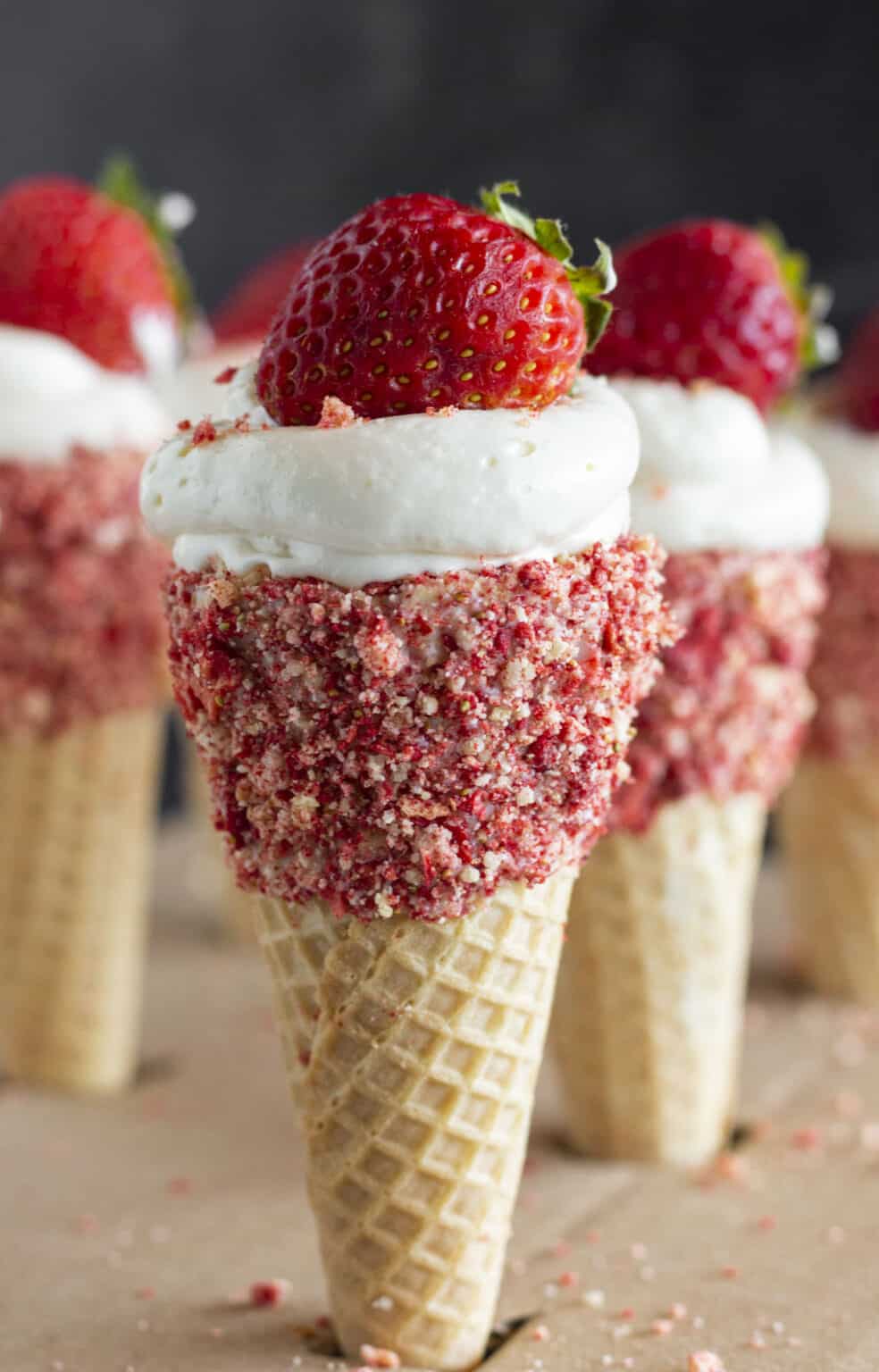 The Best Strawberry Crunch Cheesecake Cones - Practically Homemade
